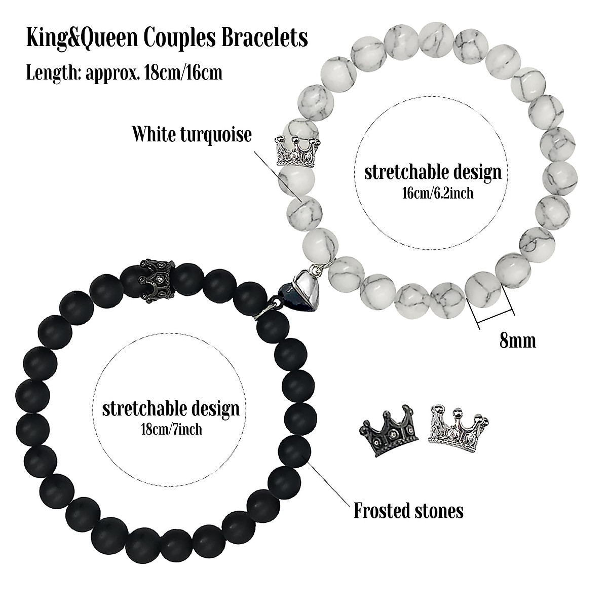 Couples Bracelets King&Queen Crown His and Her Bracelets Heart Matching Bracelets Long Distance Relationship Gifts for Boyfriend and Girlfriend on Anniversary Couples Jewelry for Women Men