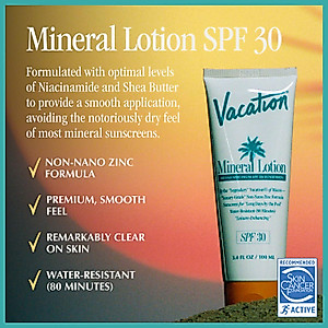 Vacation Mineral Lotion Sunscreen SPF 30 & Air Freshener Bundle, Non-Nano Zinc Oxide Formula, No White Cast, Water-Resistant, Dermatologist-Tested, Vegan, Travel Size, 3.4 Fl. Oz.