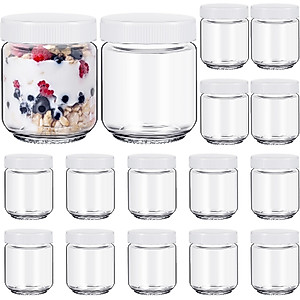 Baderke 16 pcs Clear Glass Jars with Plastic Lids for Yogurt Maker Reusable Glass Mason Jars Glass Canning Yogurt Container Yogurt Jars for Greek Yogurt Machine Jam Spices Herbs Food storage (6 oz)
