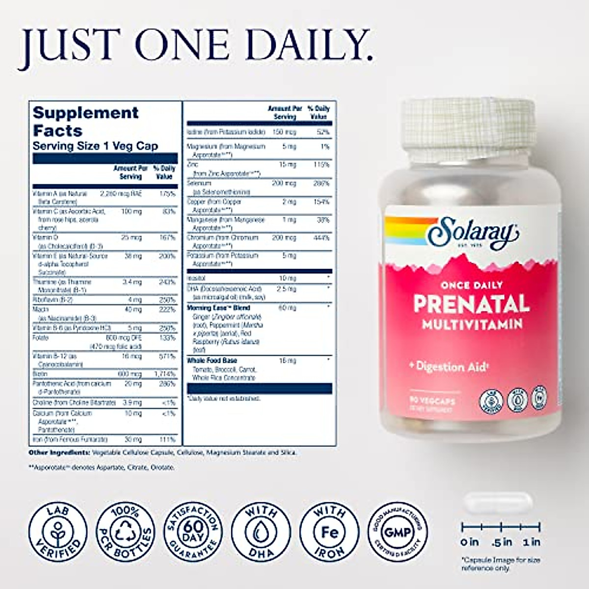 SOLARAY Once Daily Prenatal Multivitamin with Iron & DHA, Prenatal Vitamins and Minerals for Expectant Mothers, Digestion Aid with Morning Ease Herbal Blend & Whole Food Base, 90 Servings, 90 VegCaps