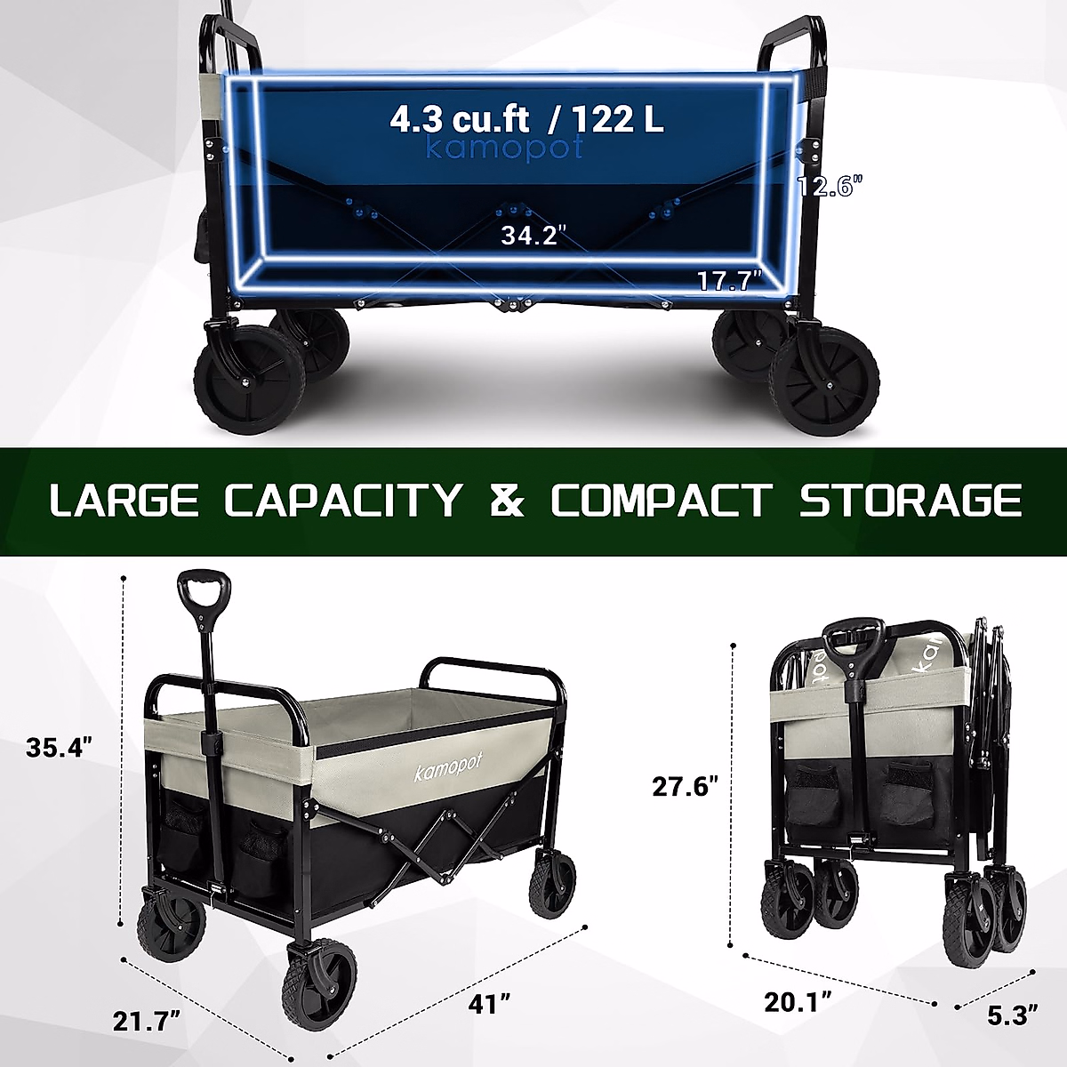 Kamopot Large Collapsible Wagon Foldable for Grocery, Beach, Park, Yard, 34 x 18 Inch Inner Storage. Folding Utility Shopping Cart on Wheels. Heavy Duty, Durable w/Cupholders (Black-Gray)