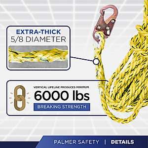 Palmer Safety Fall Protection 50' Vertical Rope Lifeline with One Locking Snap Hook I 5/8" Diameter Co-Polymer Twisted Rope I Ideal use for Climbing, Roofing, Scaffolding, Search & Rescue (Yellow)
