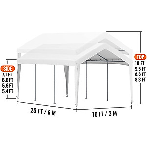 VEVOR 10 x 20 ft Carport Car Canopy, Heavy Duty Garage Shelter with 8 Legs, Car Garage Tent for Outdoor Party, Birthday, Garden, Boats, Adjustable Peak Height from 8.3 ft to 10 ft, White
