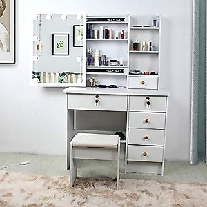 saicheng Vanity Desk with Mirror and Lights-3 Color and Brightness Adjustable, Vanity Set with Drawers and Chair, White Makeup Vanity Table for Girls