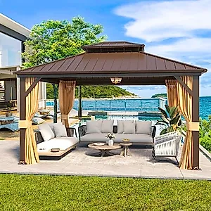YOLENY 12' x 14' Gazebo, Hardtop Gazebo with Aluminum Frame, Double Galvanized Steel Roof, Curtains and Netting Included, Metal Gazebos Pergolas for Patios, Garden, Lawns, Parties