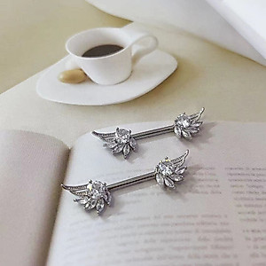 14G Angel Wings Stainless Steel Nipple Rings Sparkling Crystal Rhinestone CZ Straight Barbell Tongue Ring Nipplering Shield Bar Piercing Body Jewelry for Women (White)