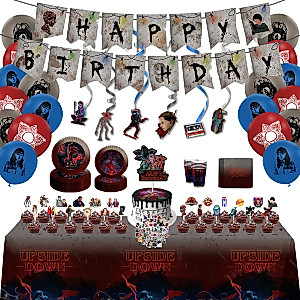 CAILESS Stanger Birthday Party Supplies 169Pcs Included Banner Cake Toppers 12'' Balloon Swirls Stickers and Tableware Serves 16 Guests for Stranger Party Birthday Decorations