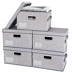 BALEINE Storage Bins with Lids, Foldable Linen Fabric Storage Boxes with Lids, Collapsible Closet Organizer Containers with Cover for Home Bedroom Office (5pack Gray Medium)