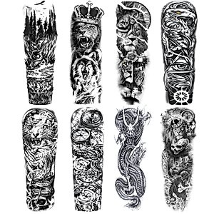 Lion Wolf Fake Tattoos Sleeve Stickers, Full Arm Dragon Animal Tribal Temporary Tattoo Sleeves For Men Women Adults, Long Lasting Large Black Eagle Leopard Temp Tattoo Leg Body Art Makeup, 8-Sheet