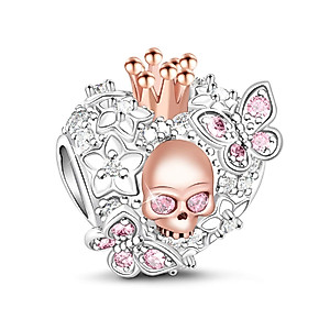 GNOCE Heart Skull Charm 925 Sterling Silver Rose Gold Plated Skull Queen & Butterfly Bead Charms Fits Bracelets Necklaces for Women