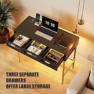 FREDEES Vanity Desk with 3 Color LED Lights, Makeup Vanity with with Human Body Induction, Vanity Table Set with 3 Large Drawers,Black