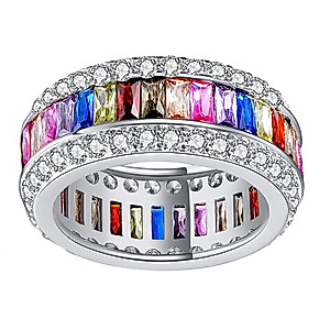 VPKJewelry 18K Gold Plated Rainbow Ring Wedding Band for Women Ladies Emerald Cut Multi Color Created-Gemstone Eternity Ring (Multicolor, 9)