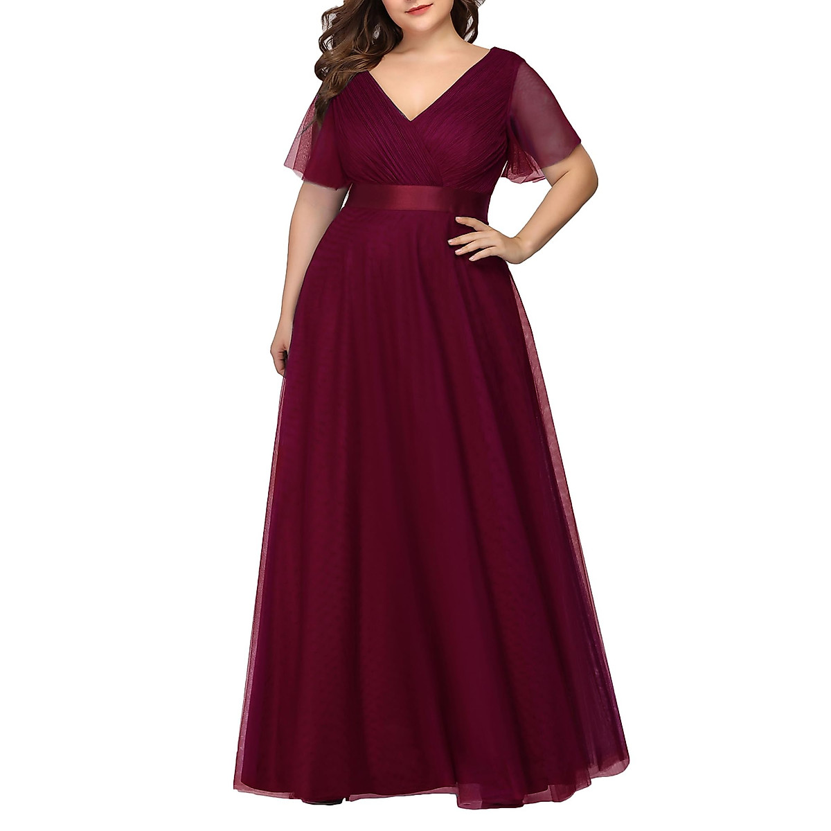 Ever-Pretty Women's Double V-Neck Empire Waist Front Wrap Plus Size Chiffon Prom Dress Burgundy US22