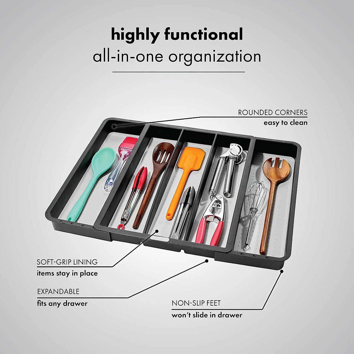 madesmart Expandable Utensil Tray - Granite| CLASSIC COLLECTION| 5-Compartments | Kitchen Organizer | Soft-Grip Lining | Easy to Clean | BPA-Free