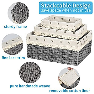 Storage Baskets for Shelves, Stackable Woven Baskets for Storage Set of 3 Handmade Imitation Wicker Baskets for Organizing with Removable Cotton Liner for Toilet Countertop Bedroom Livingroom Office Rectangle Decorative Storage Bins (Grey)