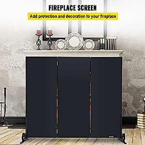VEVOR Fireplace Screen, 47 x 34.3 Inch, 3-Panel Iron Freestanding Spark Guard with Support, Metal Craft, Broom Tong Shovel Poker Included, for Fireplace Decoration & Protection, Black