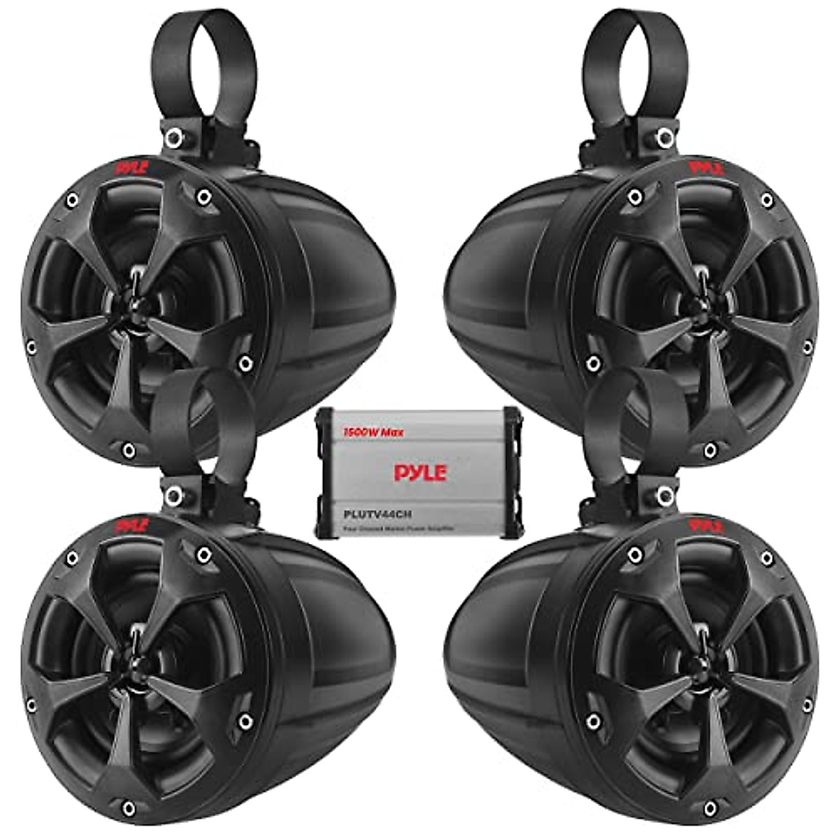 Pyle Waterproof Off-Road Speakers with Amplifier - 4-Inch Marine Grade Speakers for Outdoor Audio - 1500W 4-Channel System - ATV, UTV, Quad, Jeep, Boat Compatible