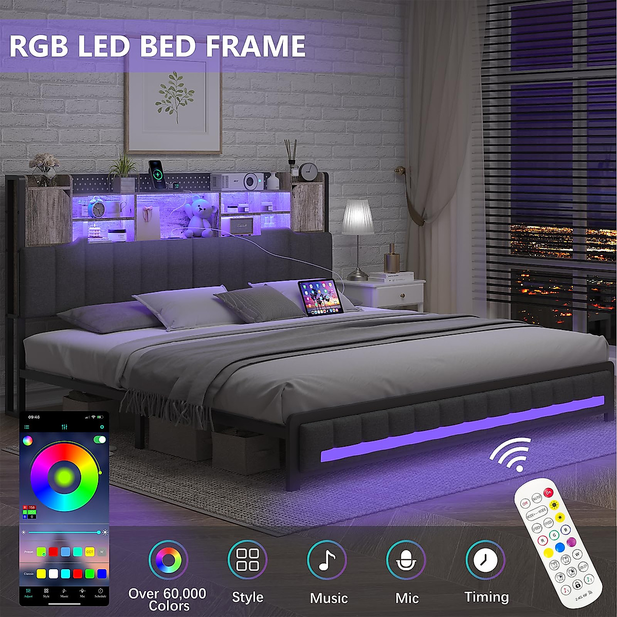 Dnxao King Size Bed Frame and Bookcase Storage Headboard, LED Upholstered Bed Frame King with Charging Station, Light up King Size Platform Metal Bed Frame, No Box Spring Needed, Charcoal Gray