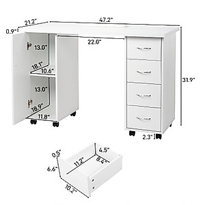 Knocbel Computer Desk Manicure Nail Table with Four Drawers and A Cabinet, with Wheels for Flexible Use, Sturdy Wooden Construction, Large Storage Space, 47.2" L x 21.3" W x 31.9" H White