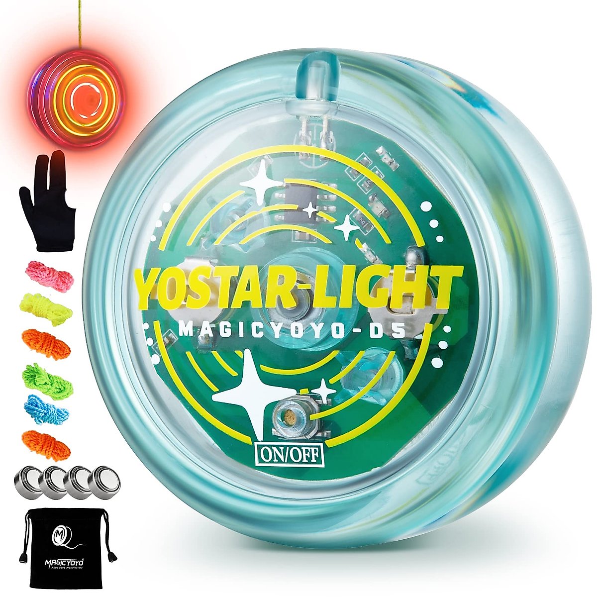 YOSTAR D5 Light Up Yoyo Professional with Led Light, Responsive Yoyo for Kids Beginner, Looping Yoyo for 2A Yo-yo Tricks with Extra 4 Battery + 5 yoyo Strings + Yo yo Sack+ Gloves (Green)