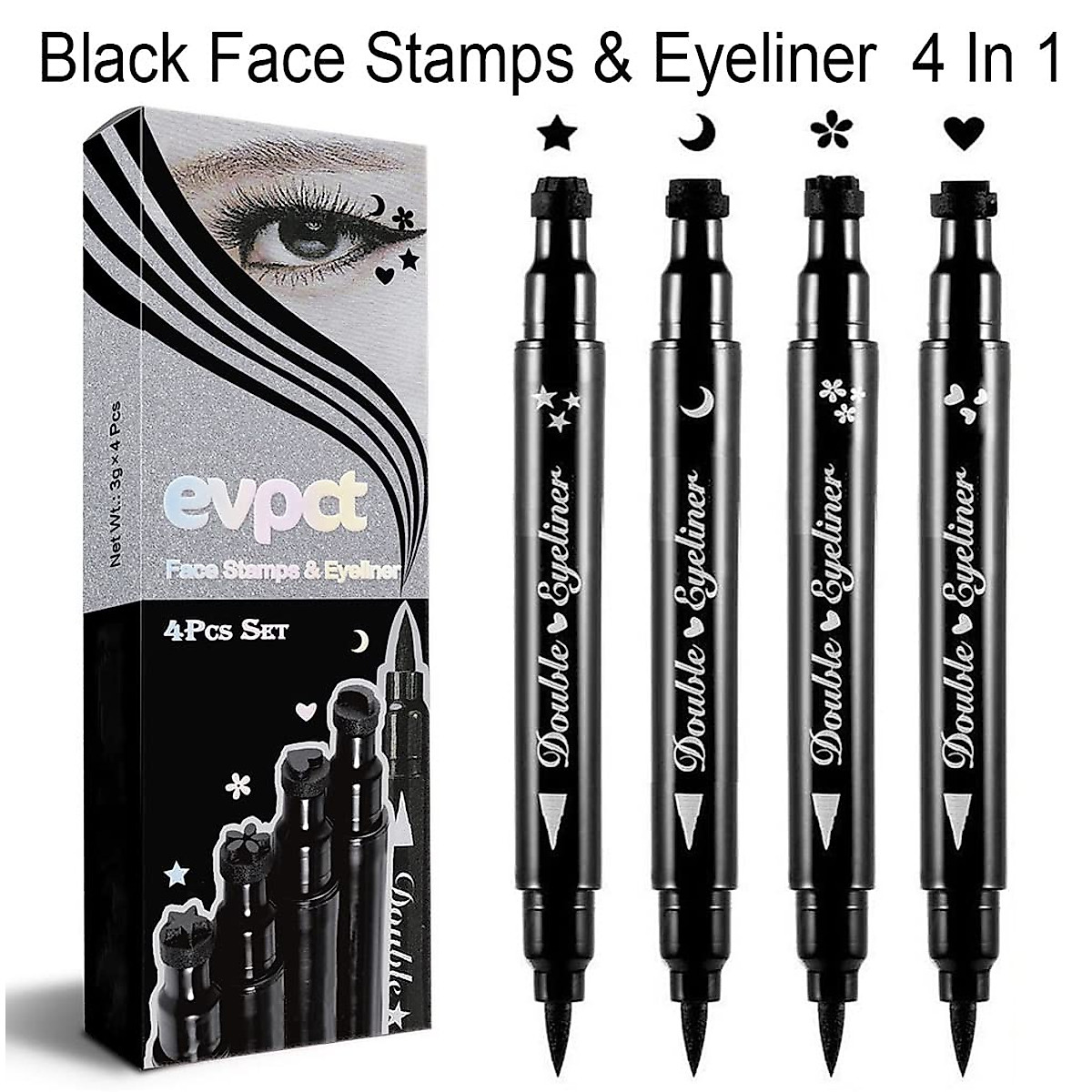 evpct 4in1 Star Flowers Hearts Moon Face Makeup Stamps Eyeliner Stamps Shapes Makeup Set Black Colored Liquid Winged Eyeliner Stamp Wingliner Waterproof Star Eye Liner Wing Eyeliner Stamp Figures Tool