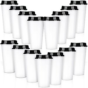 Domensi 15 Pack Reusable Coffee Cups with Lids Reusable Hot Cups Bulk 16 oz Plastic Tumblers Cup with Lids for Hot Drink Travel Coffee Mug with Lid to Go Coffee Cups for Hot and Cold Drinks (White)