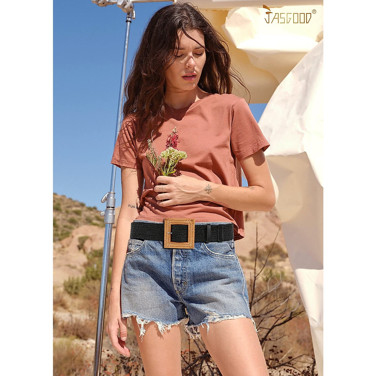 JASGOOD Set of 4 Women Skinny Elastic Dress Belt, Straw Woven Stretchy Waistband Fashion Large Style Buckle (Black+Beige+Stripe+Khaki,Waist Size Below 35 Inch)