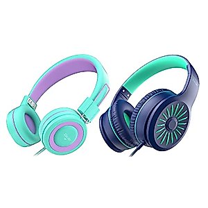 ELECDER i37 Kids Headphones & i45 Wired Headphones with Mic - Foldable Adjustable 3.5mm Jack On Ear Headphones for School Kids Smartphones Computer Kindle Tablet Children Girls Boys Teens Green&Blue