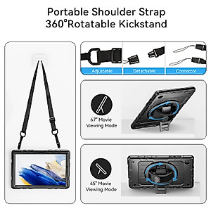 Stweap for Samsung Galaxy Tablet A8 Case 10.5 inch 2022 SM-X200/X205/X207 with Screen Protector [360 Rotating Stand] &Hand Shoulder Strap Shockproof Rugged Protective Cover|Black
