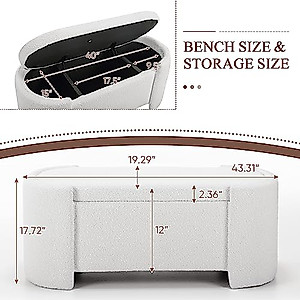 KINFFICT 43.4" Storage Ottoman Bench for Bedroom End of Bed, Upholstered Boucle Storage Bench, Modern Sherpa Benches Furniture with Safety Hinge for Entryway, Bedroom, Living Room, Teddy White