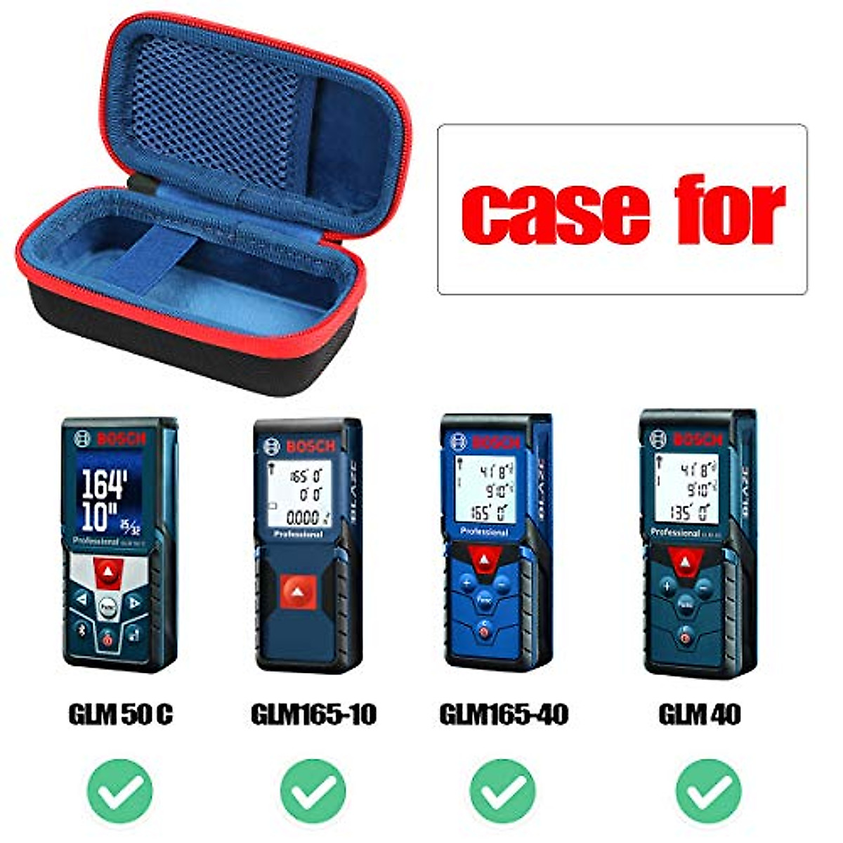 co2CREA Hard Travel Case Replacement for Bosch GLM 50 C/GLM 40 / GLM 165-10 / GLM 165-40 Enabled 165’ Distance Measure (Black Case + Inside Blue + Red Zipper)