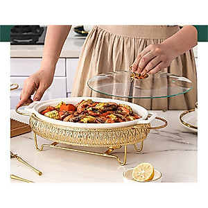 HONHPD 3 Piece Set Stainless Steel Oval Chafing Dish Buffet Set, Ceramic Marble Finish Chafer with Glass Lid, Chafer and Buffet Warmer Set for Buffet Weddings Parties Banquets, Golden