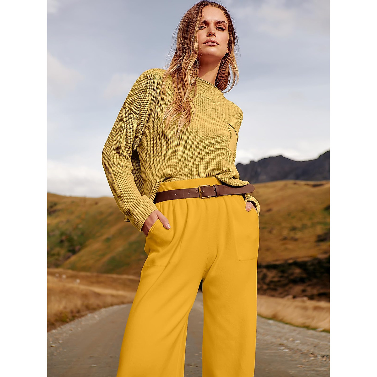 ANRABESS Women's Two Piece Outfits Long Sleeve Knit Top Fall Sweater Set Oversized Pants Tracksuit Lounge Sets Yellow Medium
