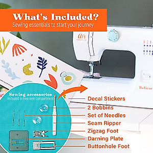 The Believe Beginner Sewing Machine by American Home Makes Sewing for Beginners Easy on Portable Small Sewing Machine with 12 Built-In Stitches, Automatic Stitch Control Plus Fun Decals, AH600