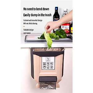 Hanging Kitchen Trash Can, 2.4 Gallon Plastic Folding Small Garbage bin, Collapsible Mini Hanging Waste Bin for Cabinet, Car, Bedroom, Bathroom, Kitchen, and Office. (Brown)