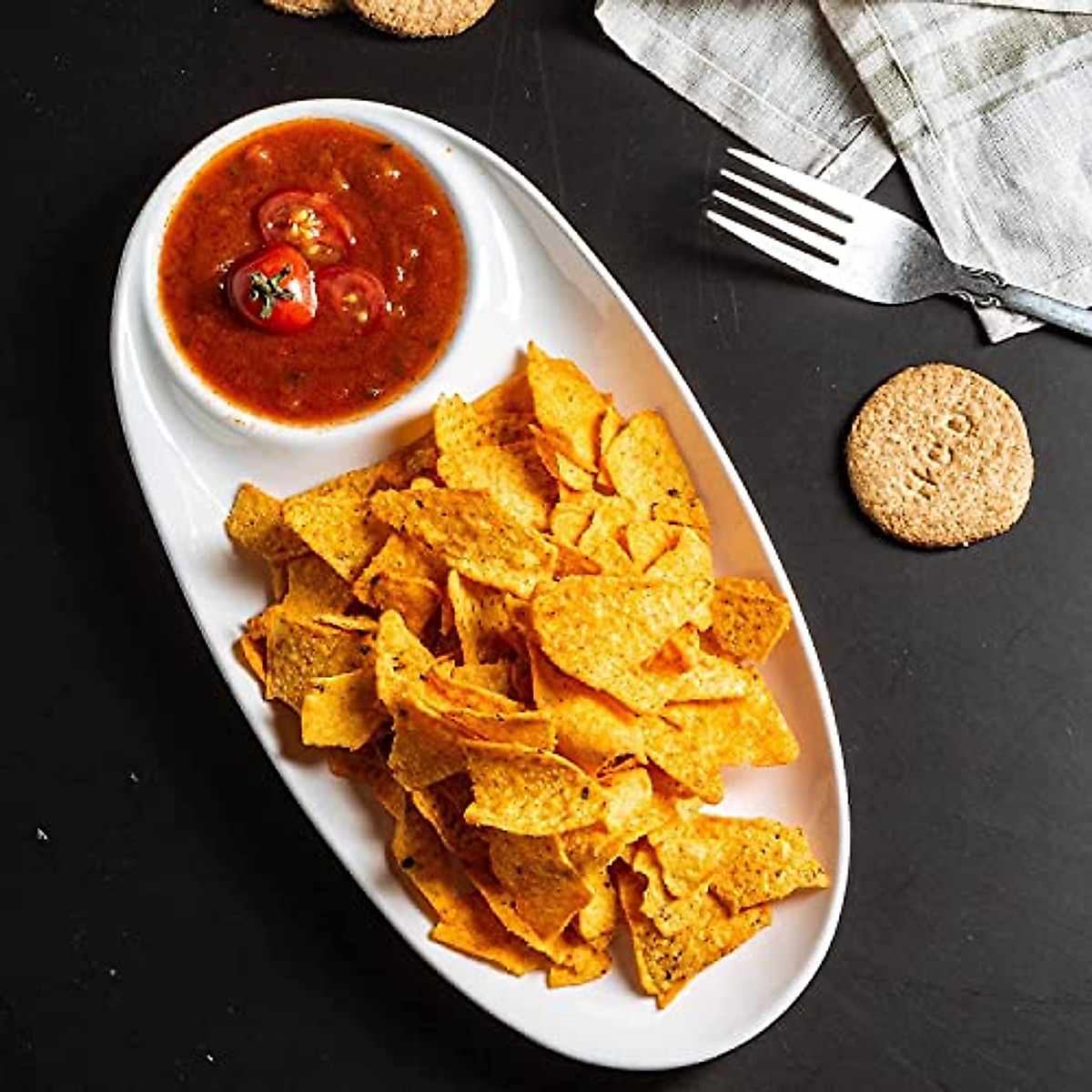 XINLTC 13 inch Ceramic Chip & Dip Platter, Oval Chip and Dip Serving Dish, Divided Serving Platter Perfect for Appetizer, Dessert, Guacamole, Hummus, Veggies, Candy and Snacks-2 pack