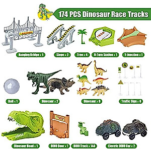 174 PCS Flexible Dinosaur Train Tracks and Race Cars Playset with 8 Dinosaurs Figures, Electric Vehicles, Lights - Create Road Racing World for Toddlers and Kids