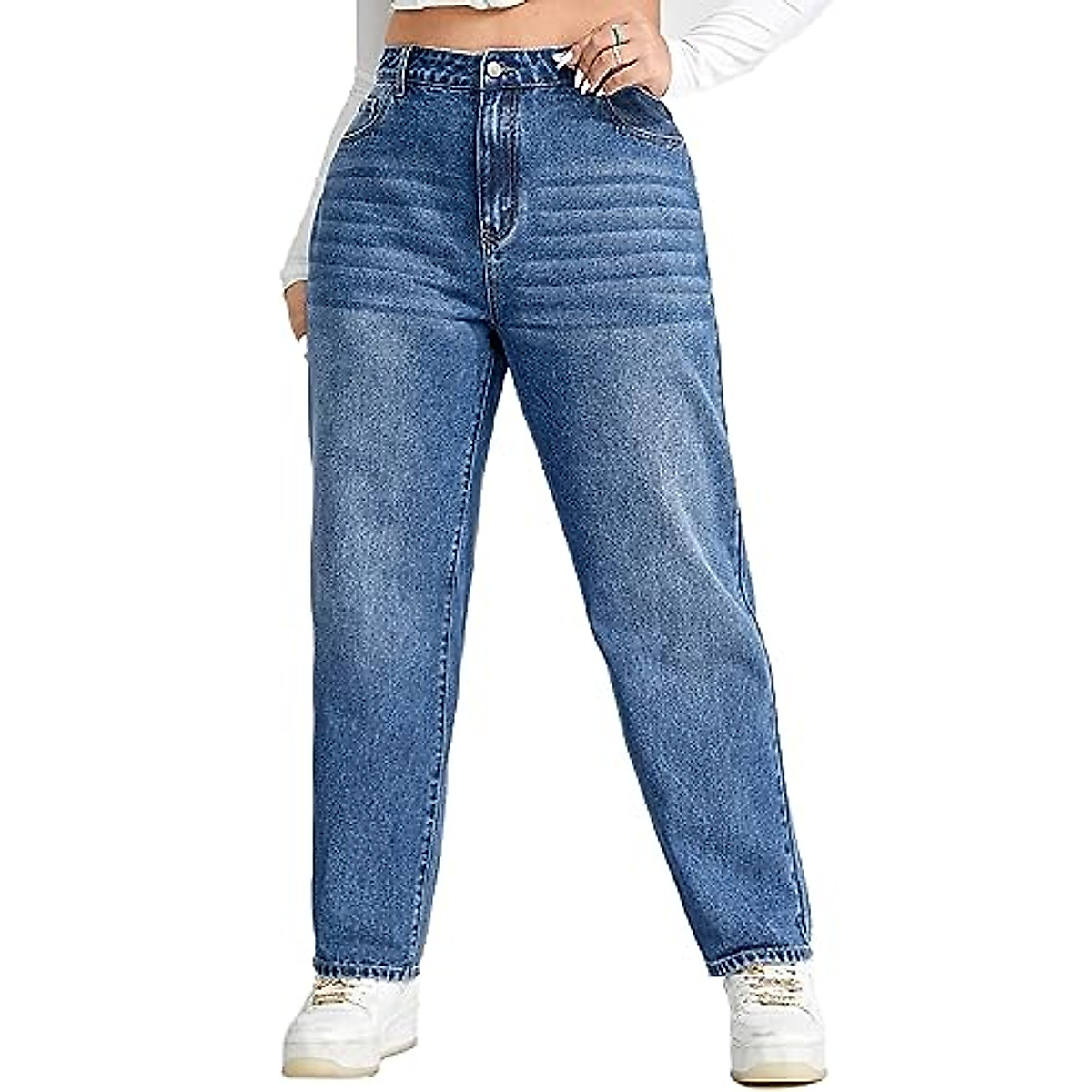 KISSPLUS Plus Size Tapered Jeans for Women High Waist Loose Women Jeans Curvy Stretchy Denim Pants for Women Inseam 30 Light Blue in White 4XL