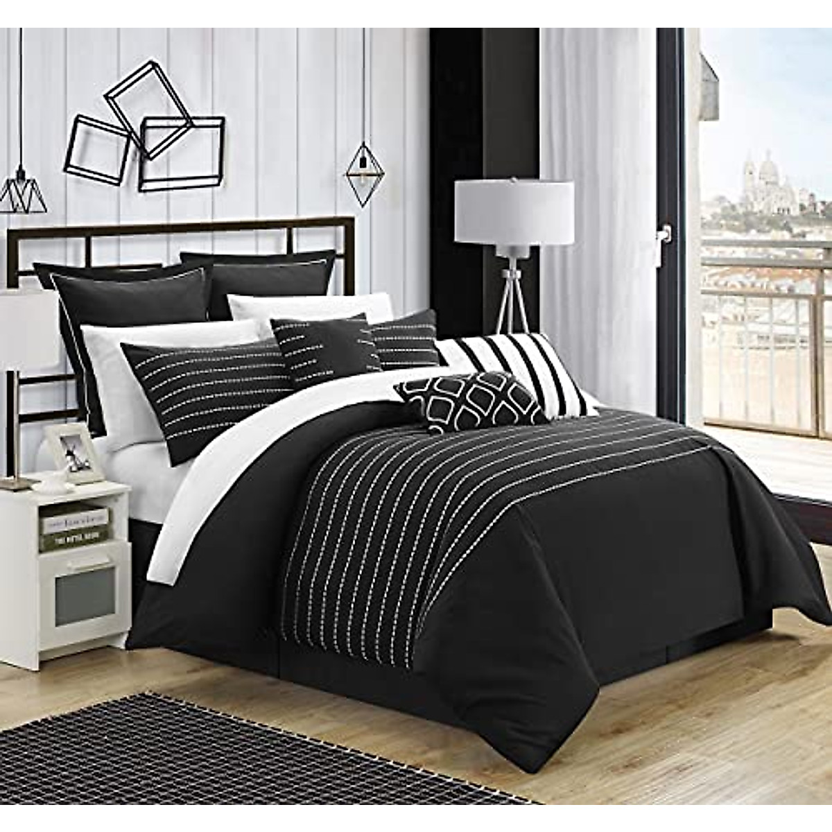 Chic Home 9 Piece Brenton Super Rich Microfiber Stitch Embroidered Comforter, King, Black,CS3952-AN