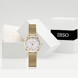 IBSO Women Stainless Steel Band Watches Ladies Quartz Wristwatches Waterproof Mesh Bracelet Watch Relogio Feminino (3636 Gold)