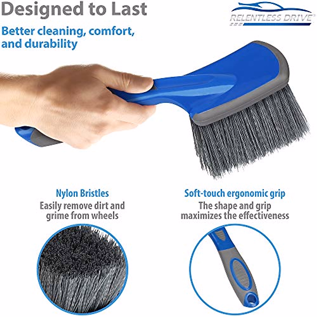 Relentless Drive Car Wheel Brush - Auto Detailing Car Wash Brush, Ergonomic Grip with Long Handle for Tires and Wheels, Wheel Cleaner Brush for Car, Truck, SUV & Tesla - Tire Shine Applicator