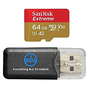 SanDisk Extreme V30 A2 64GB MicroSD Memory Card for DJI Mavic Mini 2 Drone Class 10 4K SDXC Bundle with (1) Everything But Stromboli Micro Card Reader
