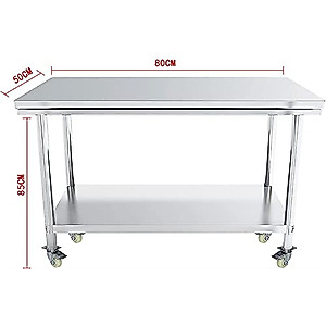Commercial Kitchen Work Catering Table, Stainless Steel Work Table Commercial Workbench Heavy Duty Table with Caster Wheels Undershelf and Galvanized Legs for Restaurant (Size : 80x50x85cm)