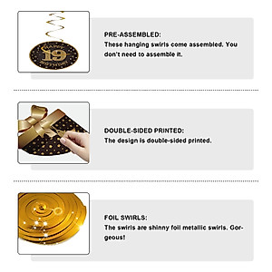 Happy 19th Birthday Party Hanging Swirls Streams Ceiling Decorations, Celebration 19 Foil Hanging Swirls with Cutouts for 19 Years Old Black and Gold Birthday Party Decorations Supplies