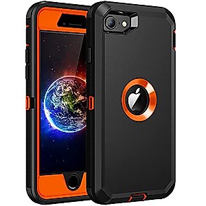 RegSun for iPhone SE 2020 Case,Built-in Screen Protector,Shockproof 3-Layer Full Body Protection Rugged Heavy Duty High Impact Hard Cover Case for iPhone SE 2nd Gen 4.7-inch,Black/Orange