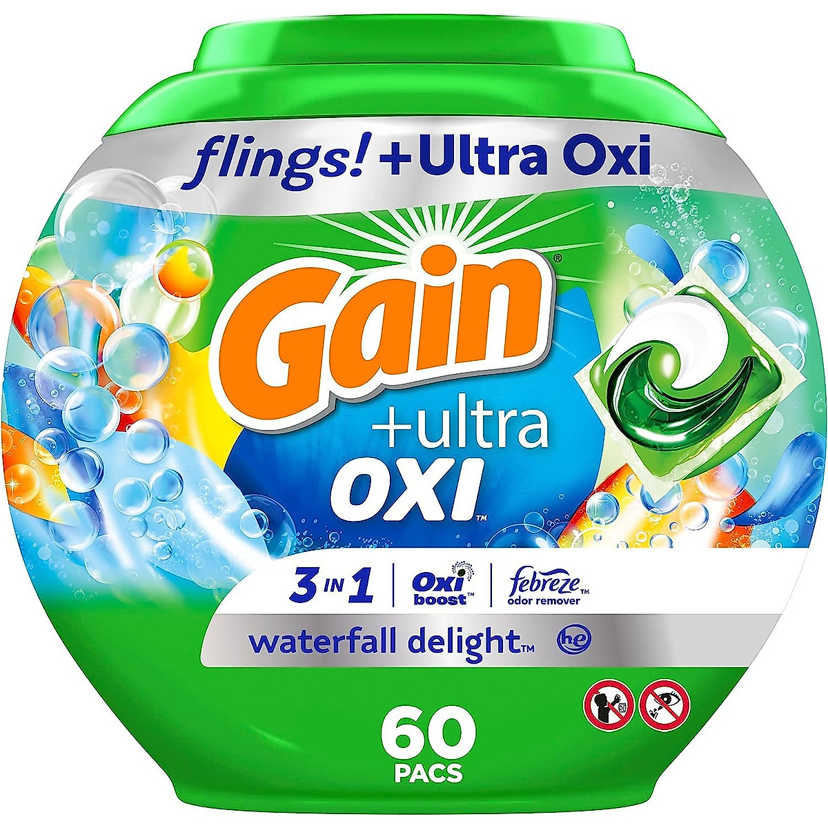 Gain flings Ultra Oxi Laundry Detergent Pacs, 60 Count, Waterfall Delight Scent, 3-in-1, HE Compatible