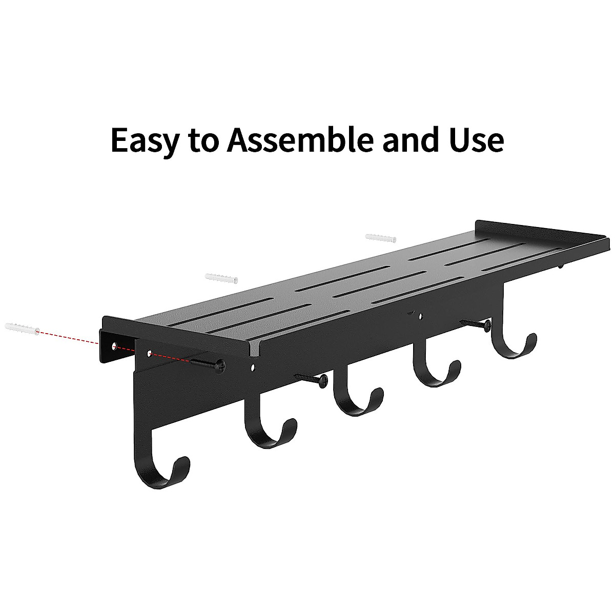 Bethom Wall Shelf with Hooks, Metal Coat Rack Wall Mounted with 5 Hooks, 17 Inch Length Entryway Coat Hangers Storage Clothes, Bags, Purse, Keys for Living Room, Bedroom, Black