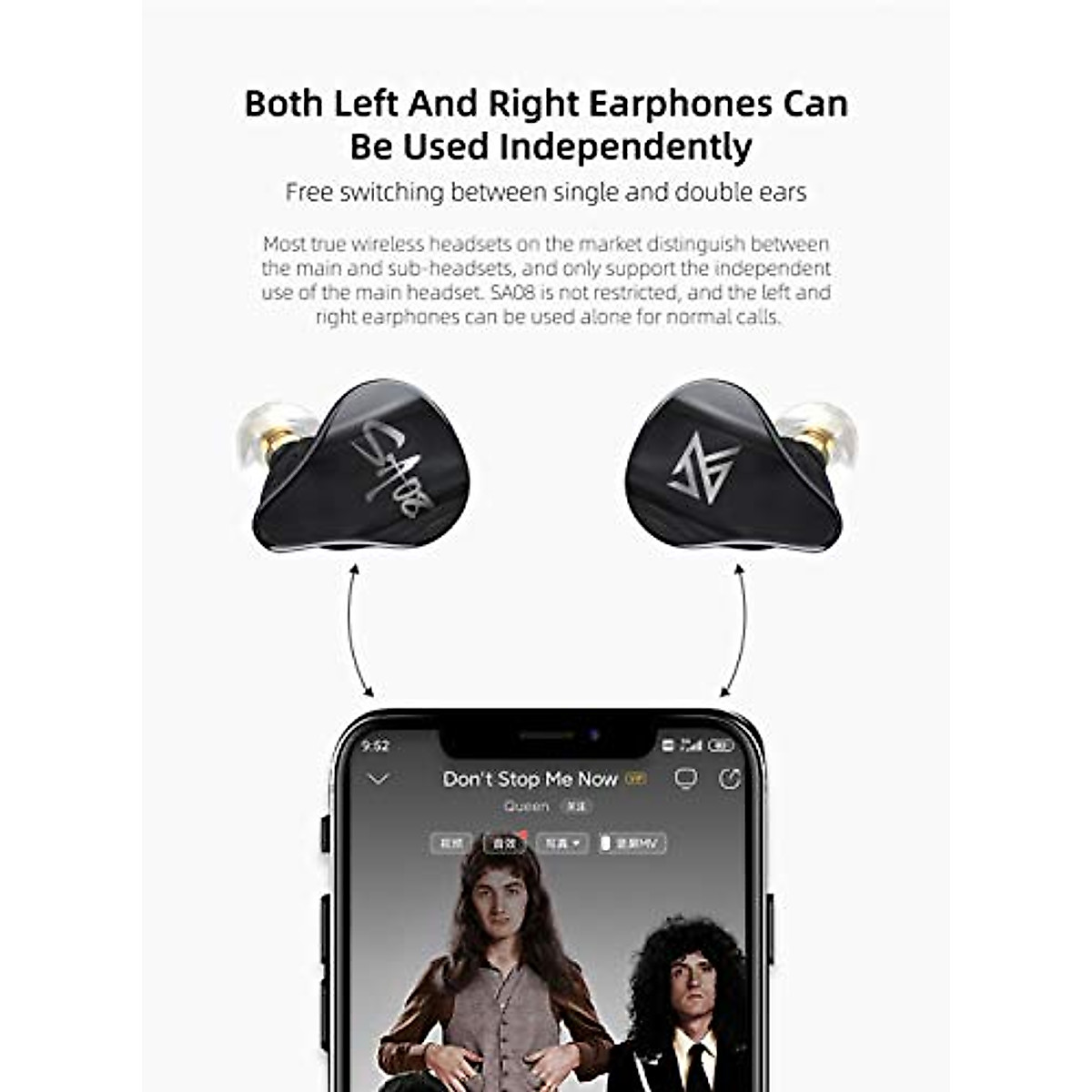KZ SA08 TWS True Wireless Bluetooth 5.0 Earbuds with Mic, 8BA HiFi Stereo in Ear Earphones, Physical Passive Noise Reduction Hedsets Headphones for Call Phone/Game/Music (Black)