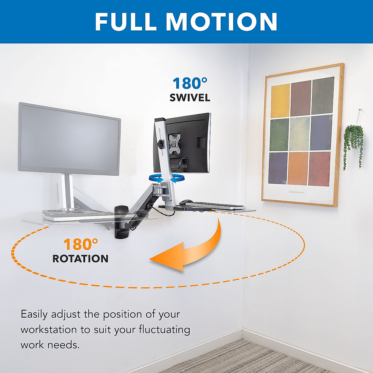 Mount-It! Sit Stand Wall Mount Workstation | Adjustable Height Stand Up Computer Station with Articulating Monitor Mount, Keyboard Tray, & CPU Holder | VESA Mount 75x75 and 100x100 | MI-7905