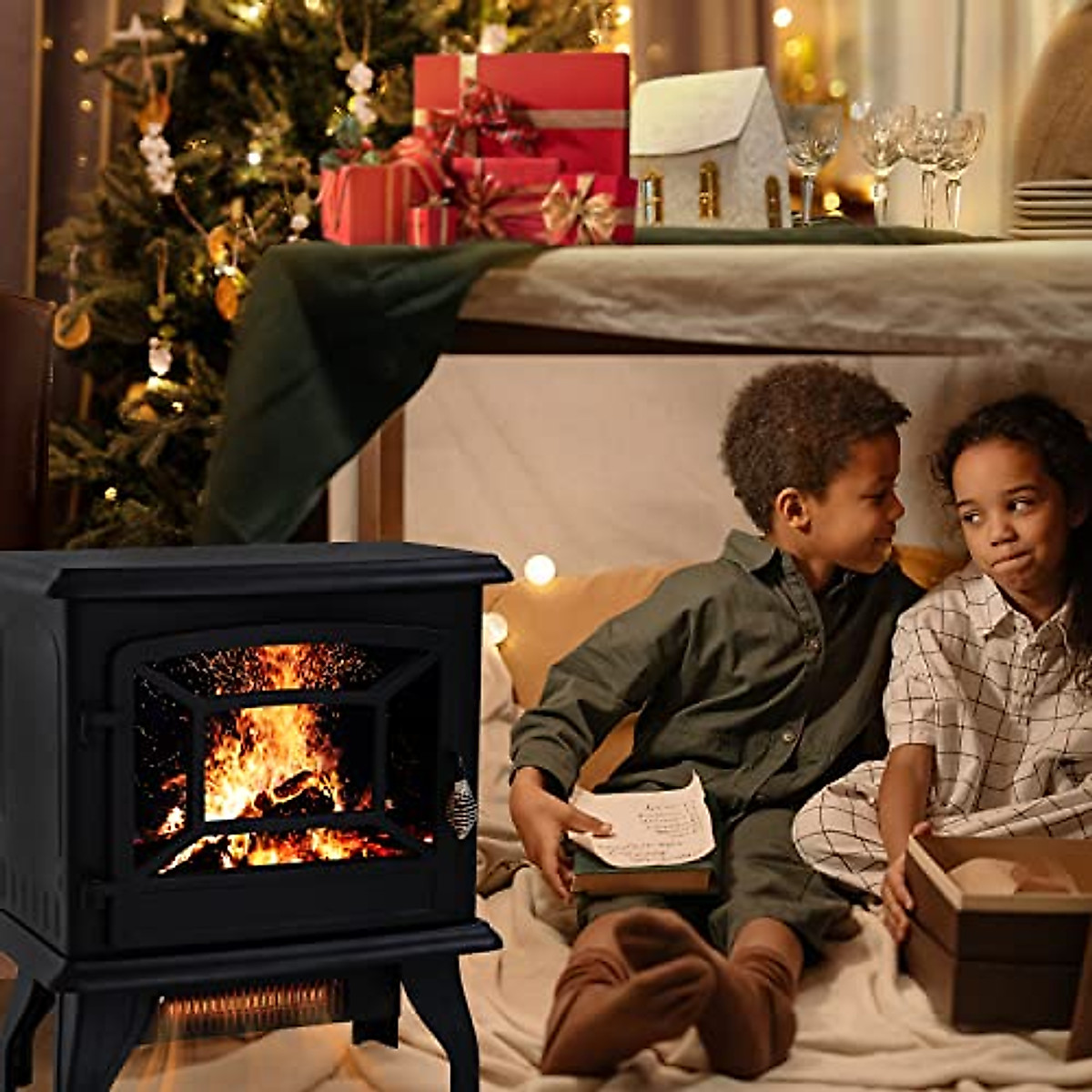 Electric Fireplace, Electric Fireplace Heater 3D Flames Freestanding TV Stand Fireplace Stove CSA Approved Safety 1500W Realistic Log Flame for Indoor Use(Black)